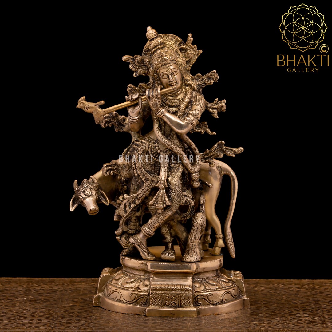 Krishna With Cow Statue in Brass, 12 Inch Big Brass Cow Krishna Idol ...