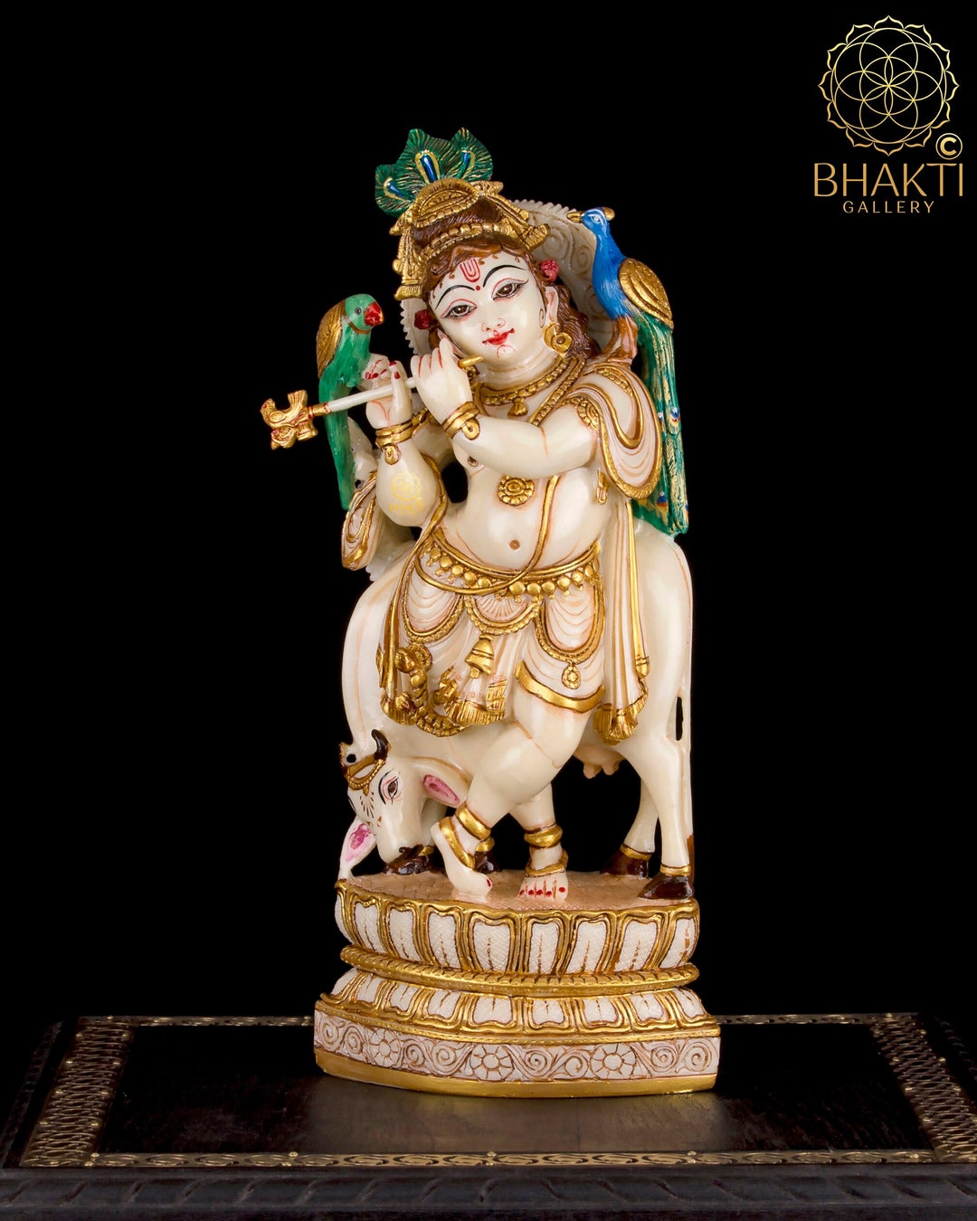 Krishna Statue With Cow, 12 Inch Big Dust Marble Cow Krisna Idol ...