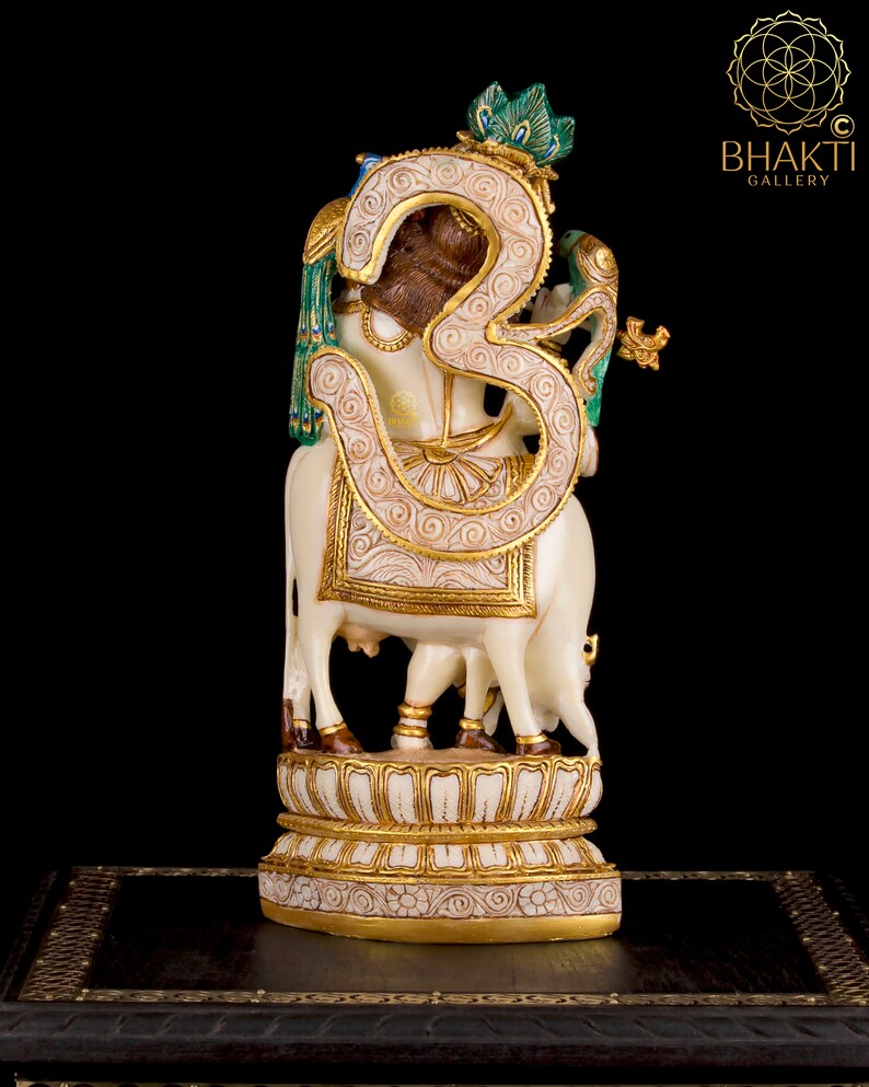 Dust Marble Cow Krishna Statue, 12" Inch Krisna Idol With Cow, Standing ...