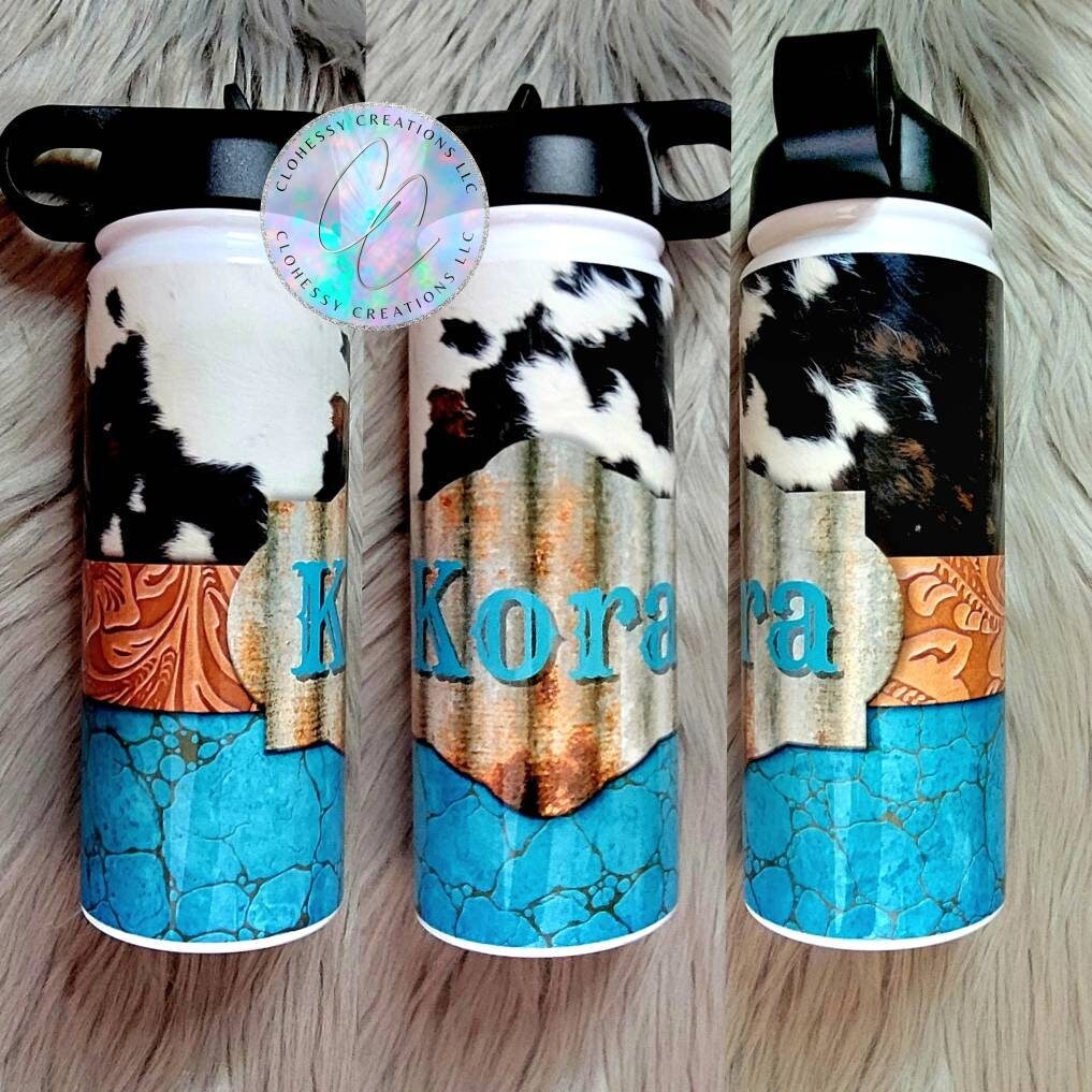 Personalized Cowhide Water Bottle Teal Rustic Tumbler - Etsy
