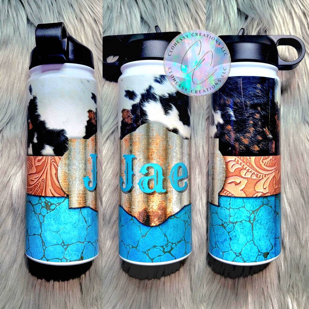 Personalized Cowhide Water Bottle Teal Rustic Tumbler - Etsy