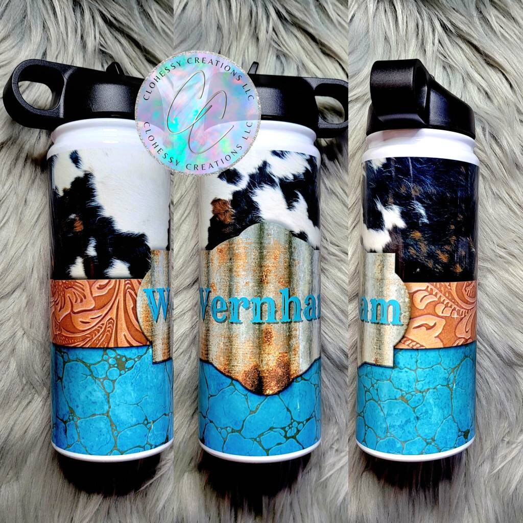 Personalized Cowhide Water Bottle Teal Rustic Tumbler - Etsy