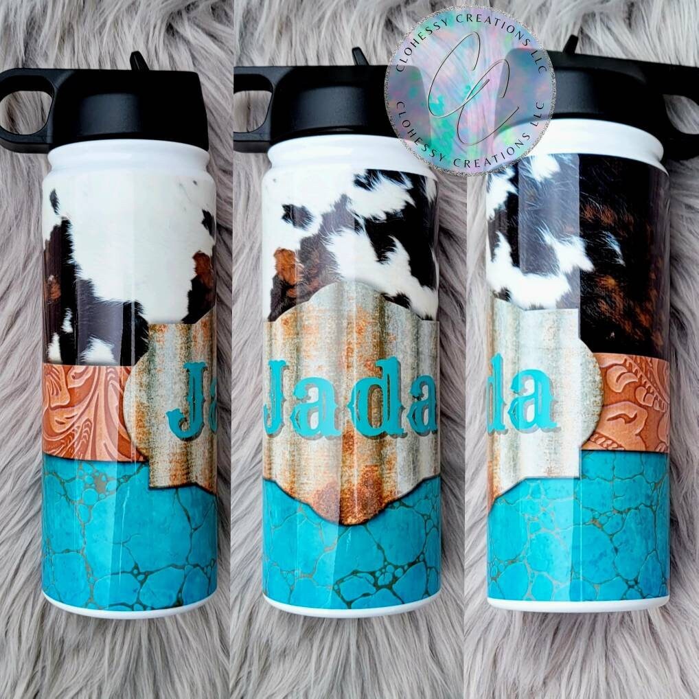 Personalized Cowhide Water Bottle Teal Rustic Tumbler - Etsy