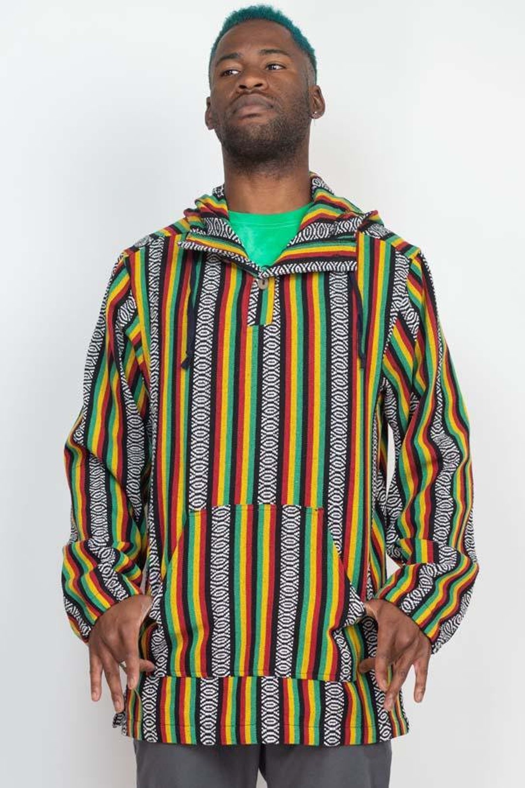 Rasta Striped Baja Button Hoodie - Etsy