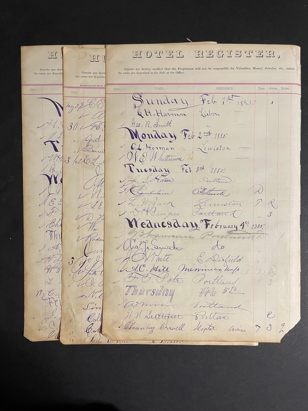 3 Large 1800's Hotel Register Pages / Vintage Book Pages Paper Ephemera ...