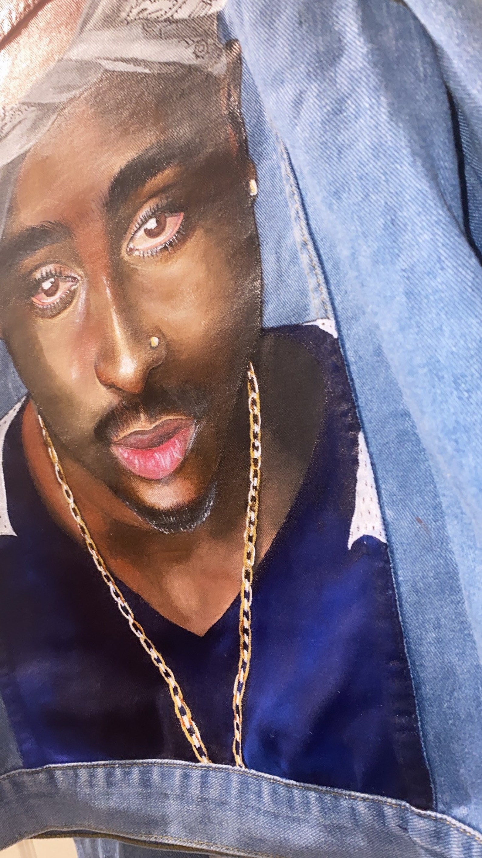 Custom hand painted TUPAC SHAKUR Denim jacket with borg collar | Etsy