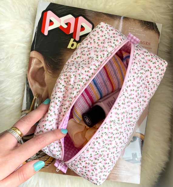 Pink Floral Makeup Bag Quilted Cosmetics Bag Handmade In Etsy