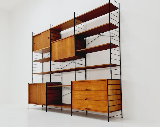 String Shelf System, Bookcase With Bar Cabinet Teak by WHB Germany ...