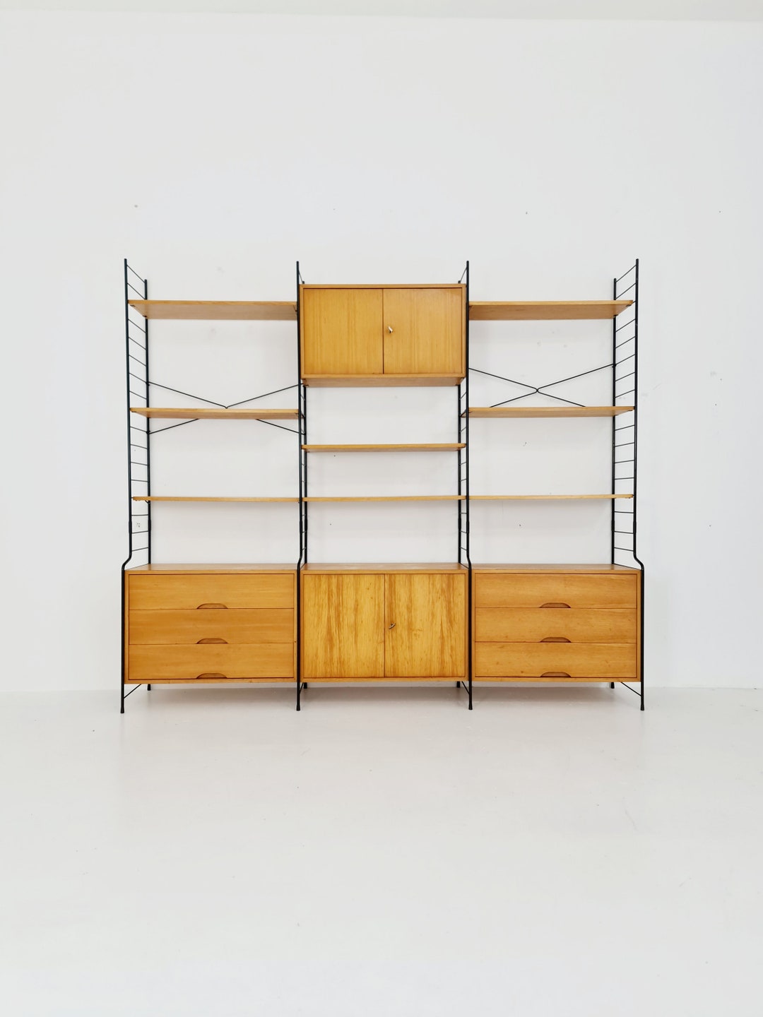 Mid Century String Shelf System, Bookcase With Lighting Oak by WHB ...