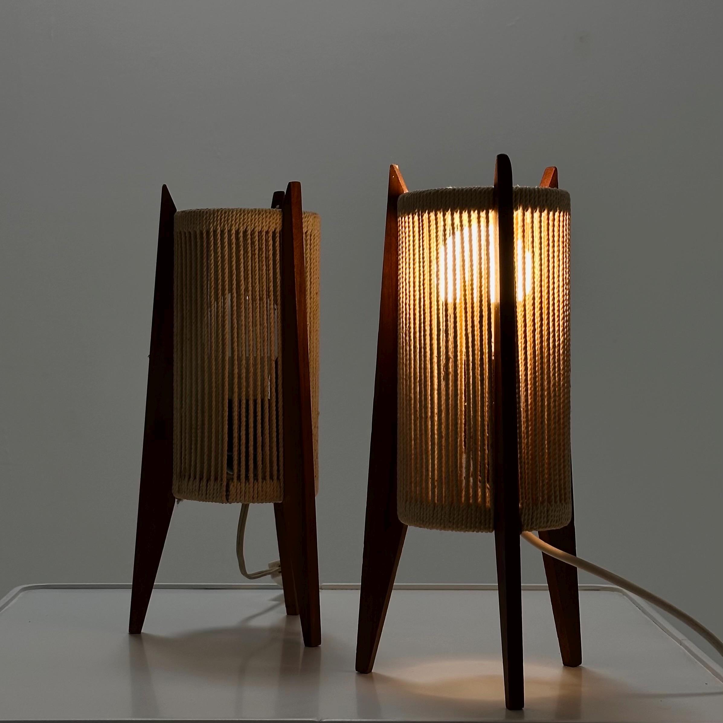 Pair of Mid-century Danish Teak & Sisal Rocket Table Lamps | Sweden ...