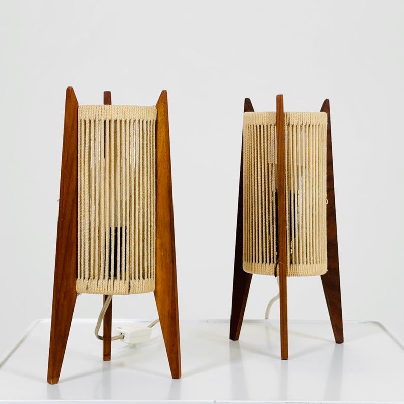 Pair of Mid-century Danish Teak & Sisal Rocket Table Lamps | Sweden ...