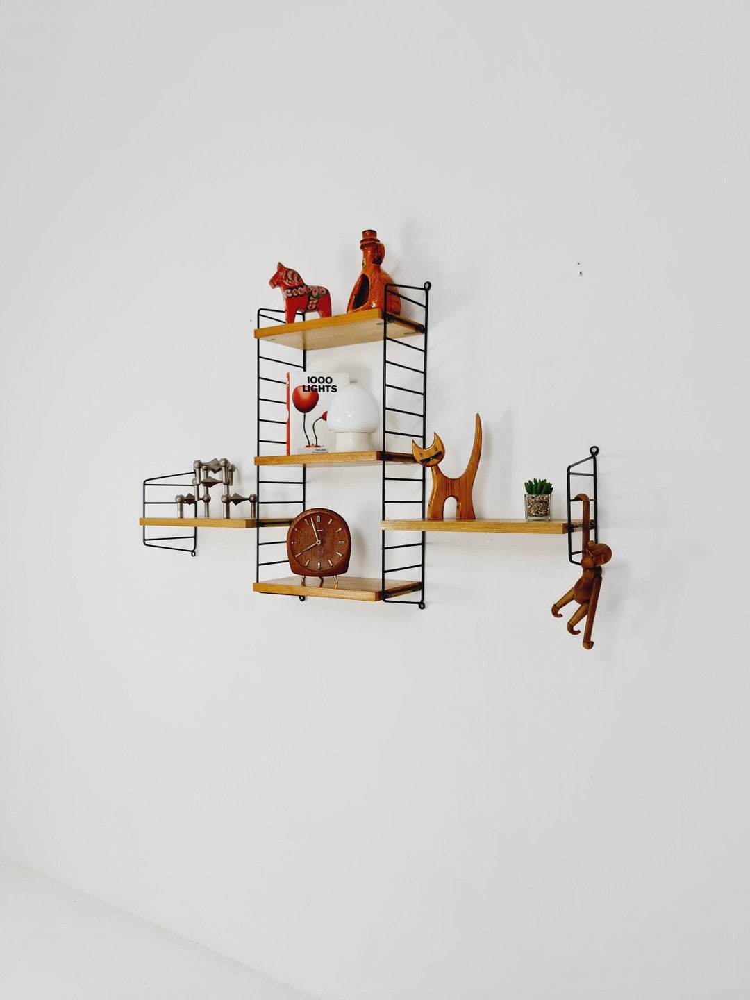 Original MCM Oak Shelving System Consists of Black Lacquered Metal ...