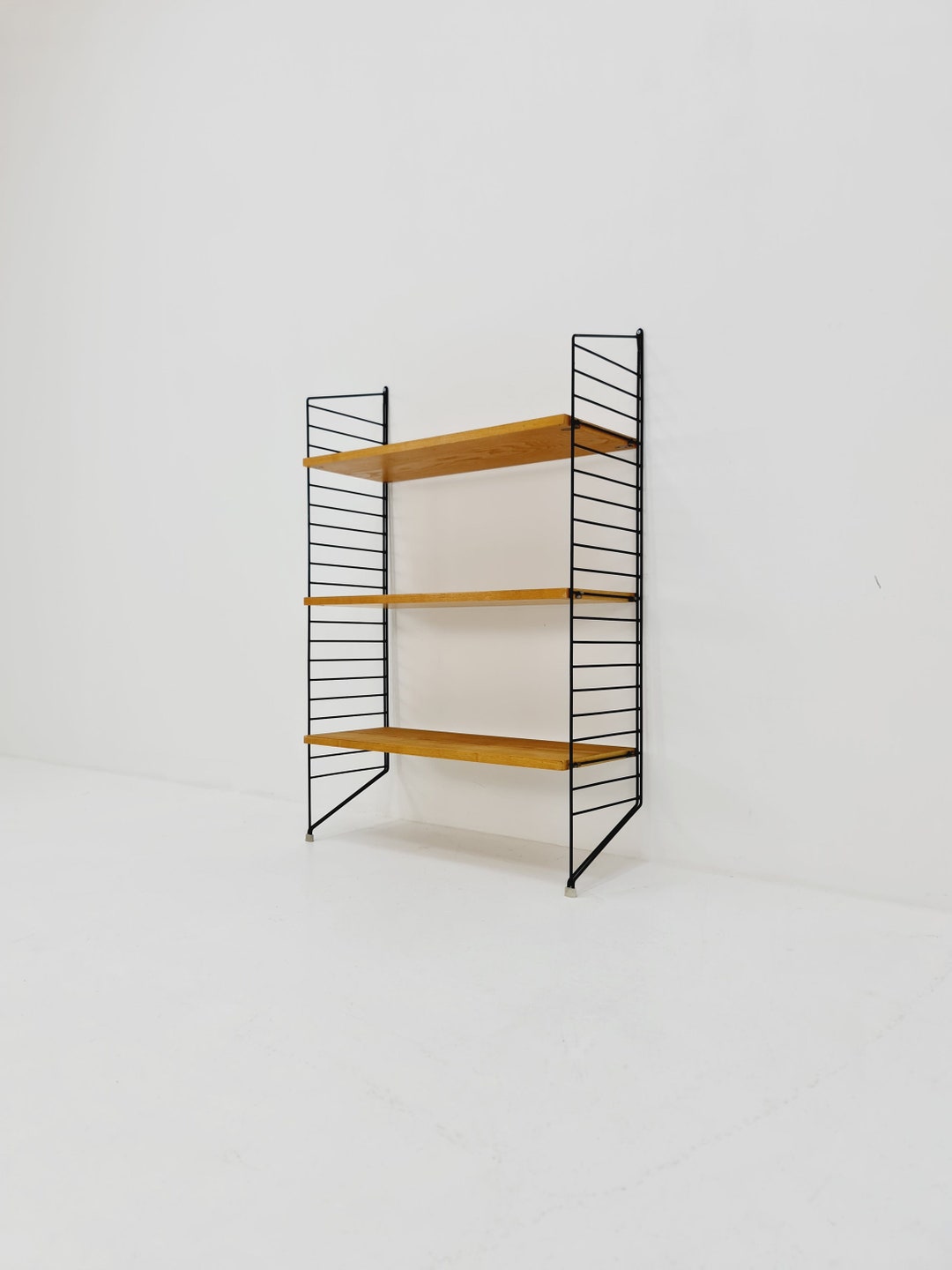 Original MCM Ash Wood Shelving System - Consists of Black Lacquered ...