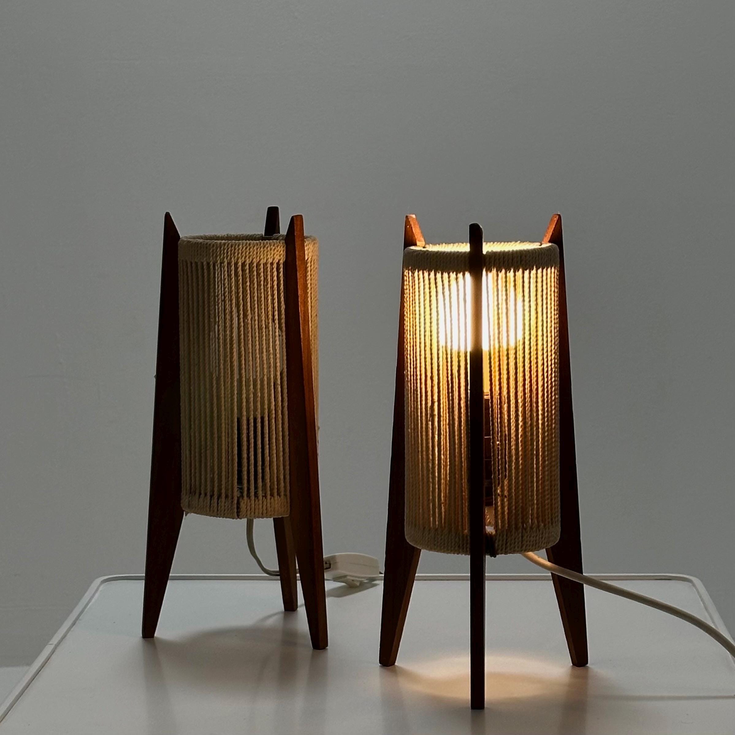 Pair of Mid-century Danish Teak & Sisal Rocket Table Lamps | Sweden ...
