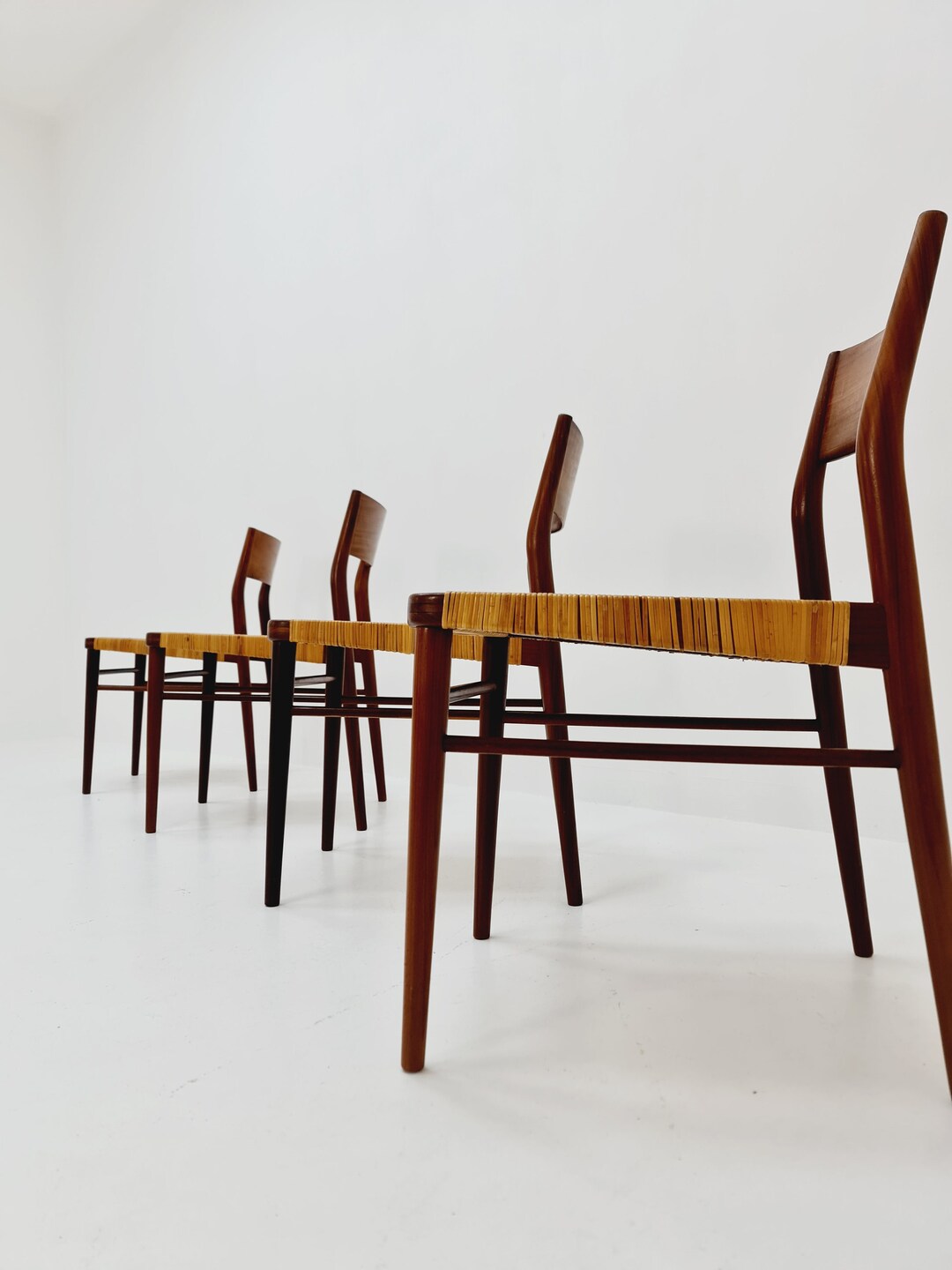 Mid Century German Teak and Rattan Chairs by Georg Leowald for Wilkhahn ...