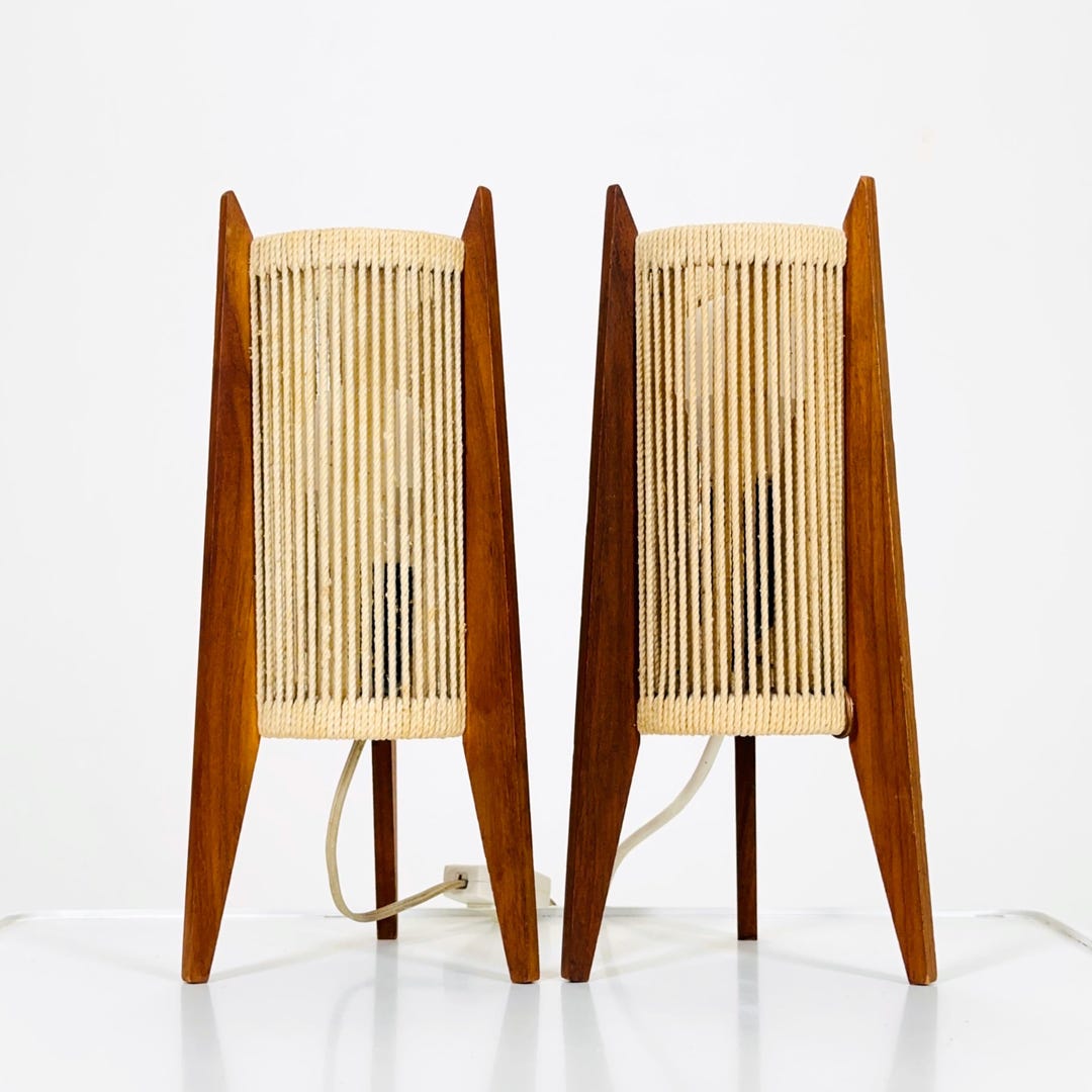 Pair of Mid-century Danish Teak & Sisal Rocket Table Lamps | Sweden ...