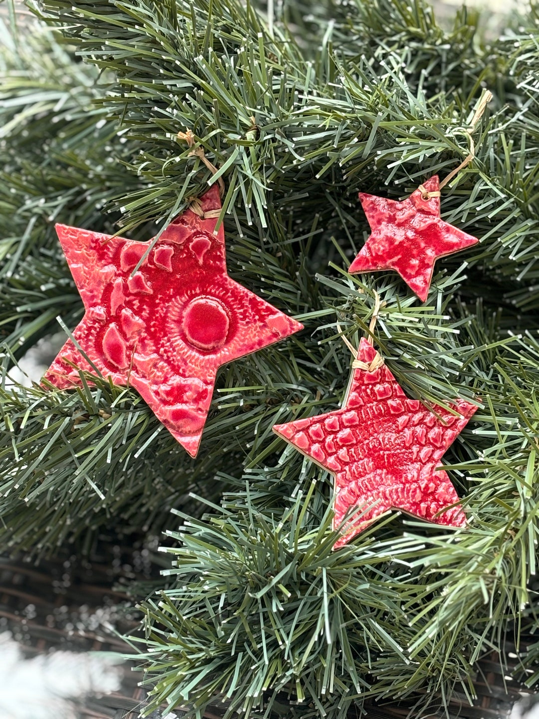 Red Stars Ornaments Set of Three Handmade Ceramic Christmas - Etsy