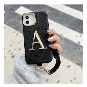 Personalized Faux Leather Luxury Gold Initial Case With Wristband for ...