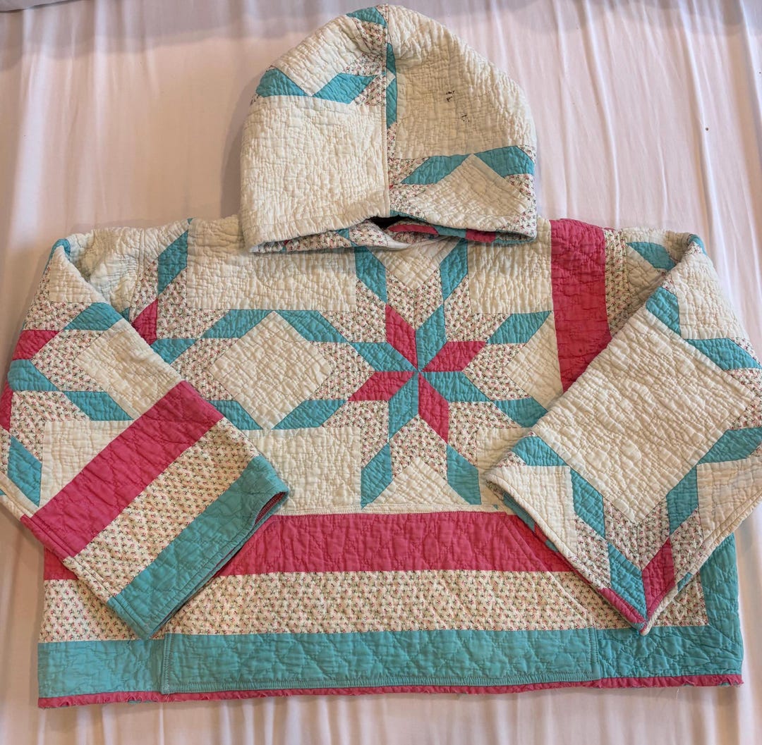 Handmade Vintage Quilt Hoodie- Pink and Blue Diamond Star- Large/ XL - Etsy