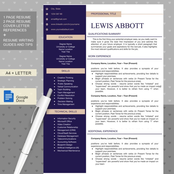 One Page Resume Template Instant Download, Cv Template Professional ...