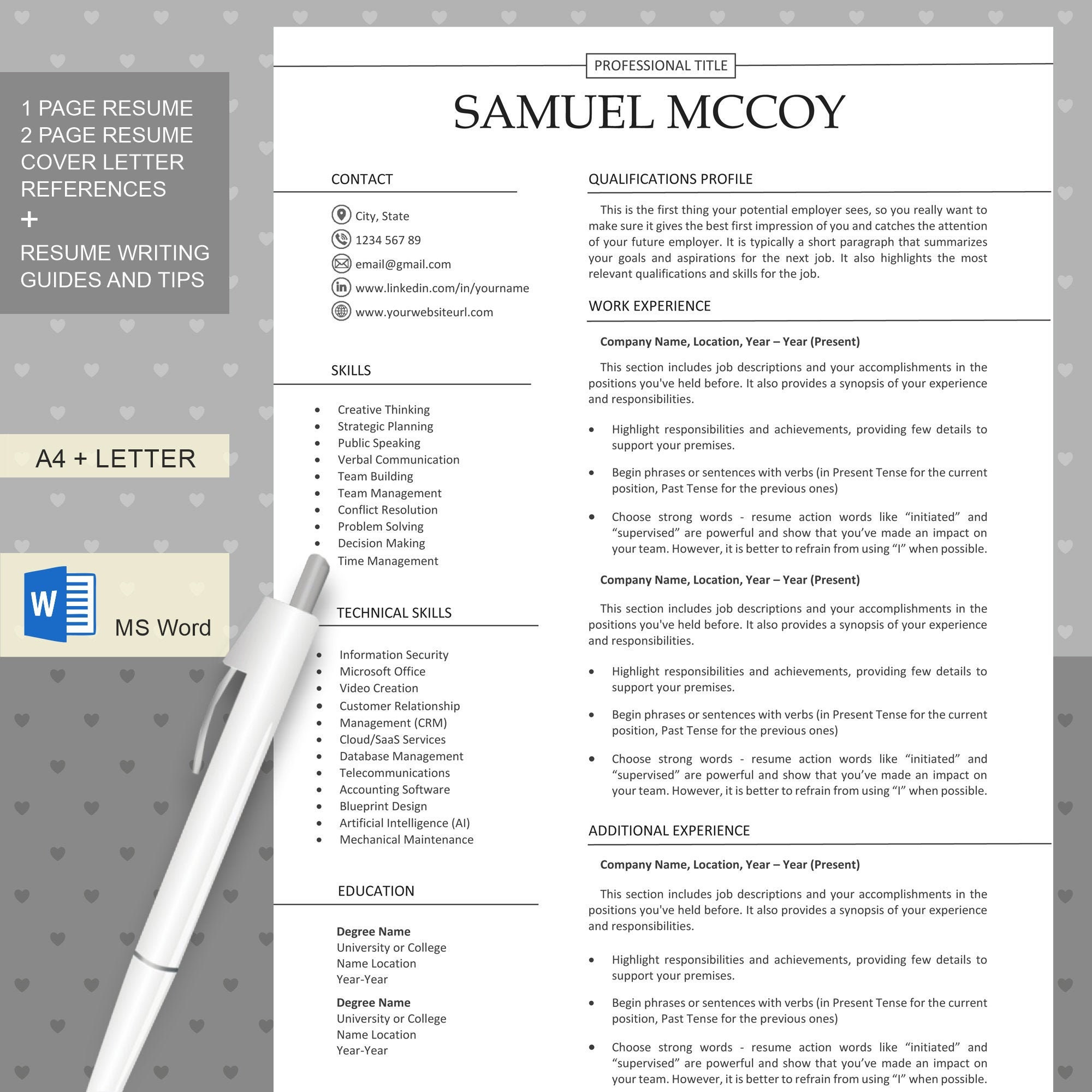 Professional Resume Template Word 1 Page 2 Page Resume and - Etsy