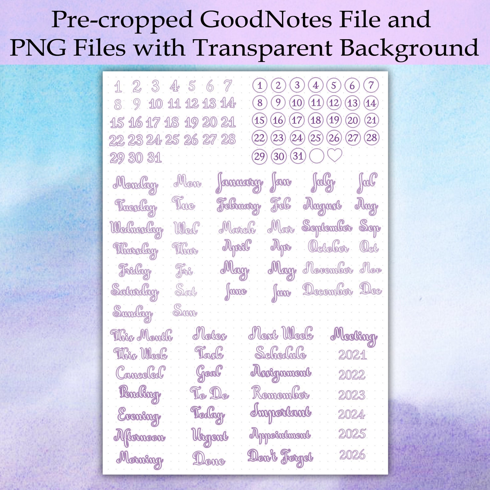 Purple Calendar Digital Stickers Dates Days of the Week - Etsy