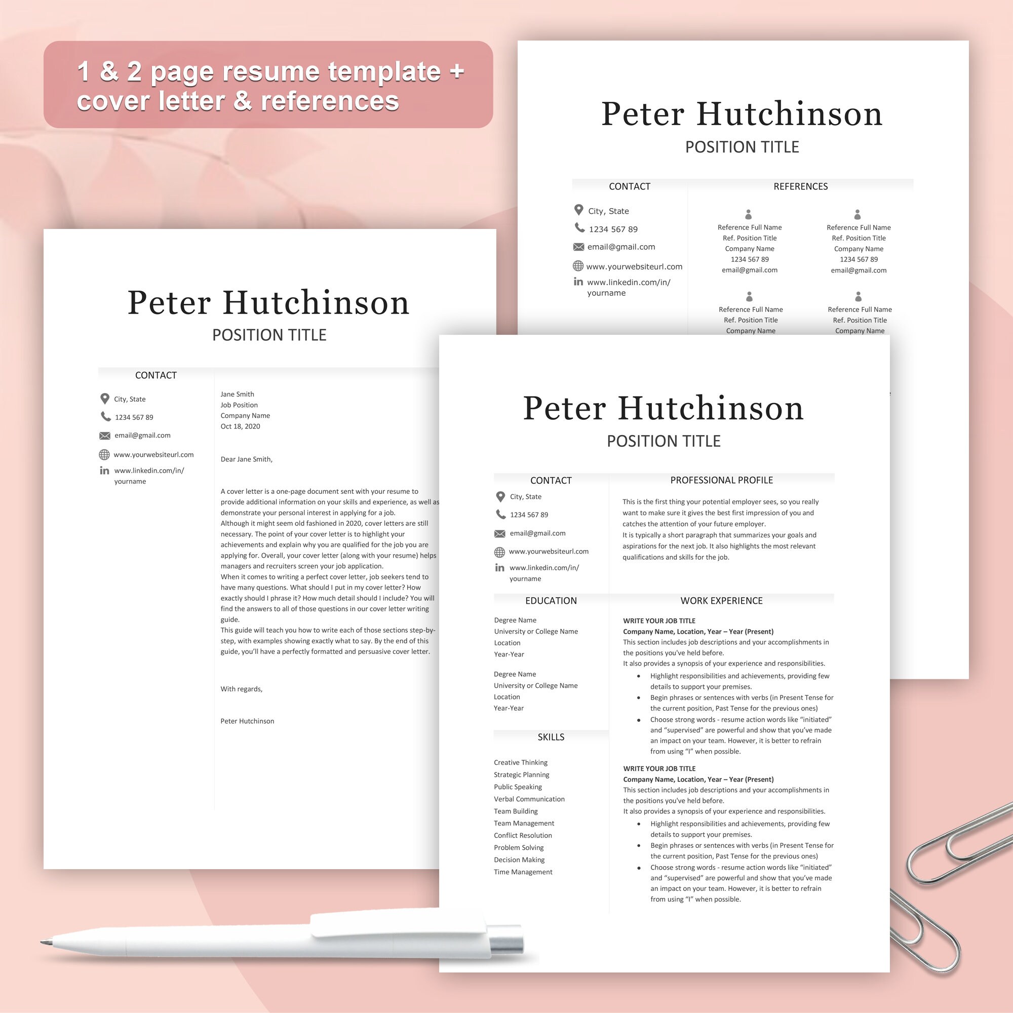 Word Resume Template Digital Professional Resume CV Template - Etsy