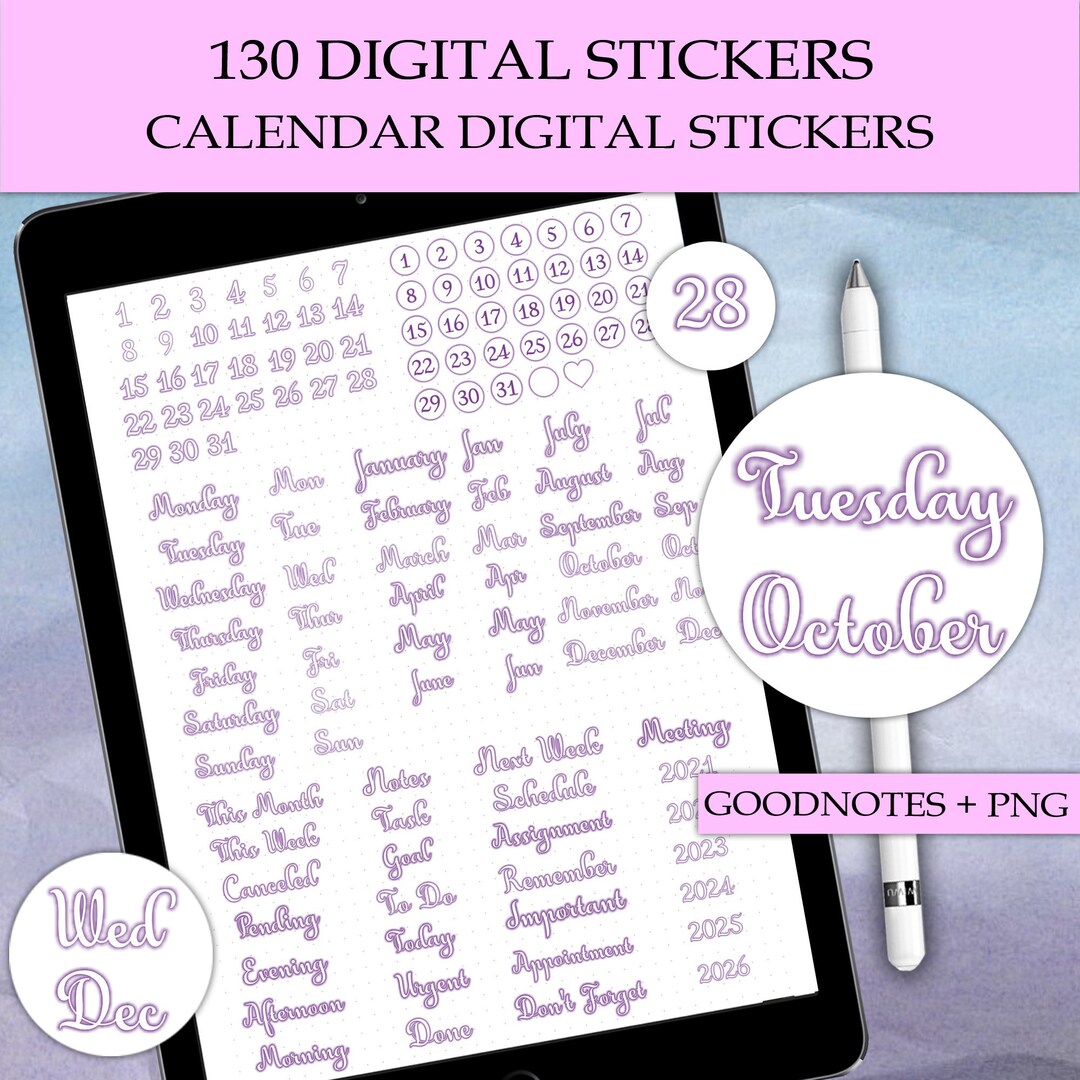 Purple Calendar Digital Stickers Dates Days of the Week - Etsy
