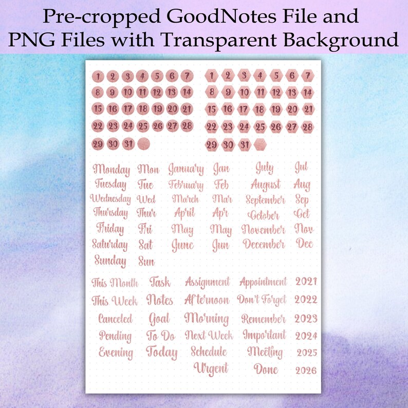Rose Gold Calendar Digital Stickers Goodnotes, Dates, Days of the Week ...