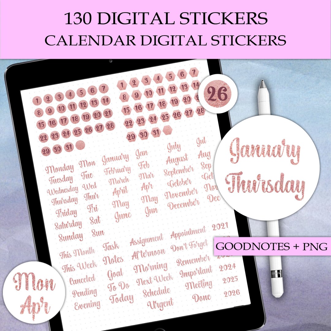 Rose Gold Calendar Digital Stickers Goodnotes, Dates, Days of the Week ...