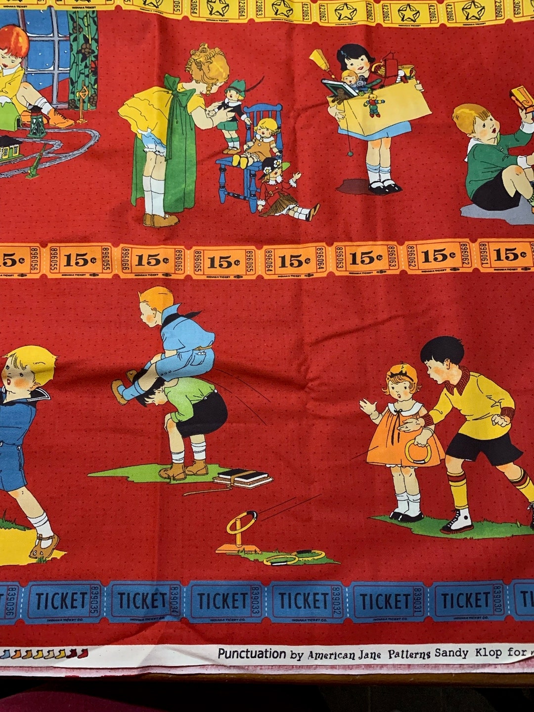 1/2 Yd punctuation Raffle Ticket Retro Kids Playing American Jane Sandy ...