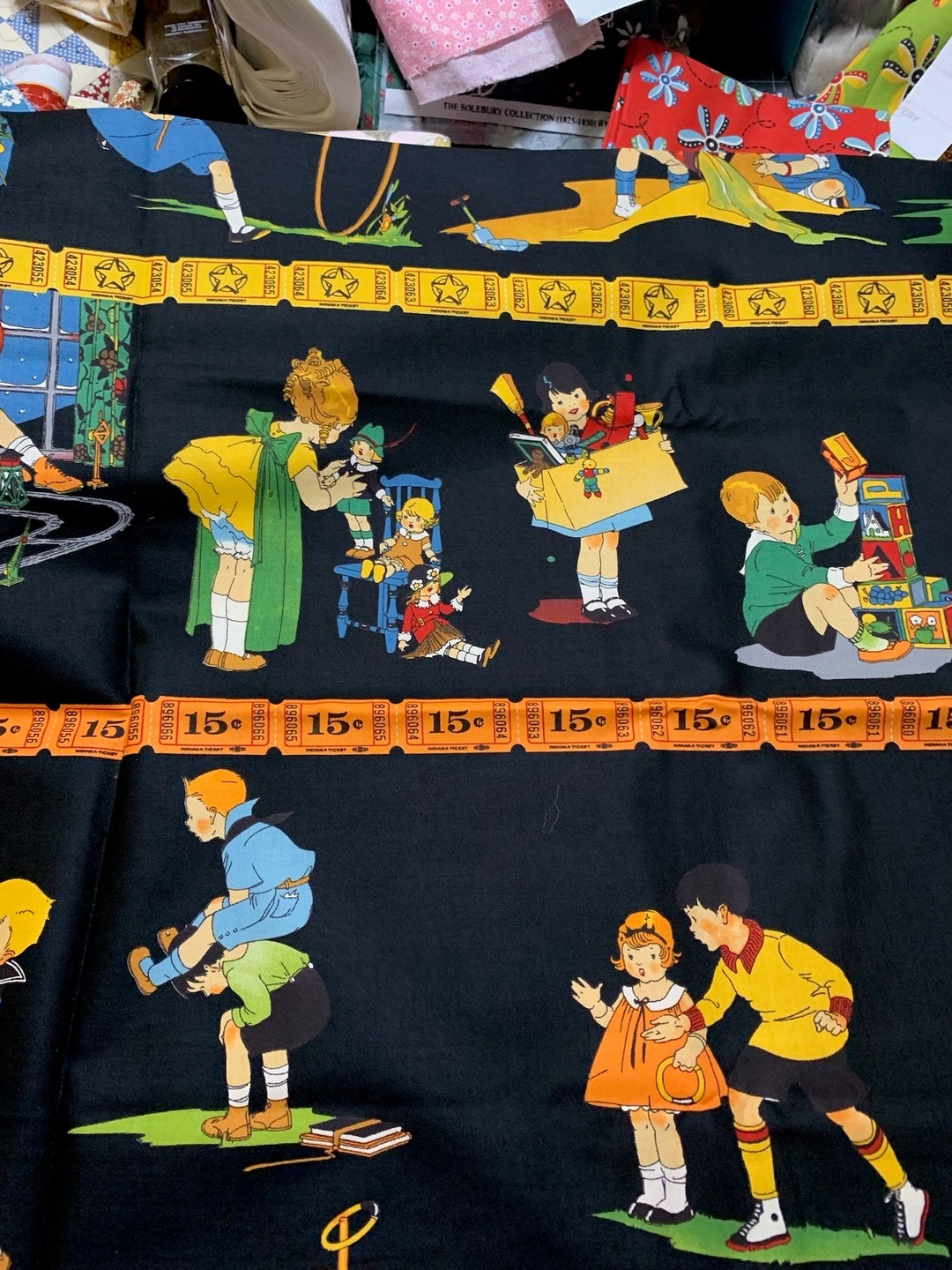 1/2 Yd punctuation Raffle Ticket Retro Kids Playing American Jane Sandy ...