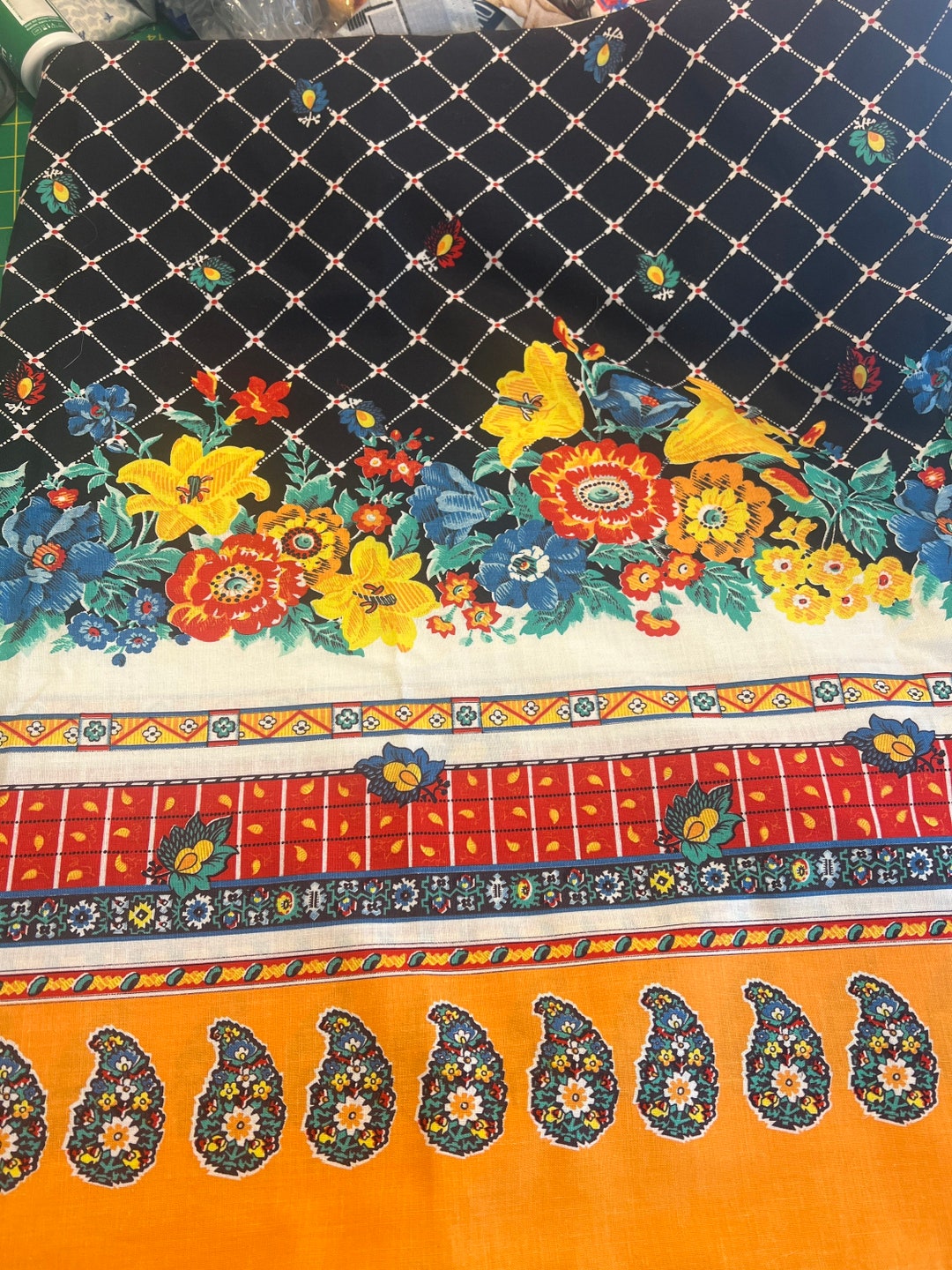 1/2 Yd Vintage Floral Stripe Border Print Cotton Fabric by Concord 2164 ...