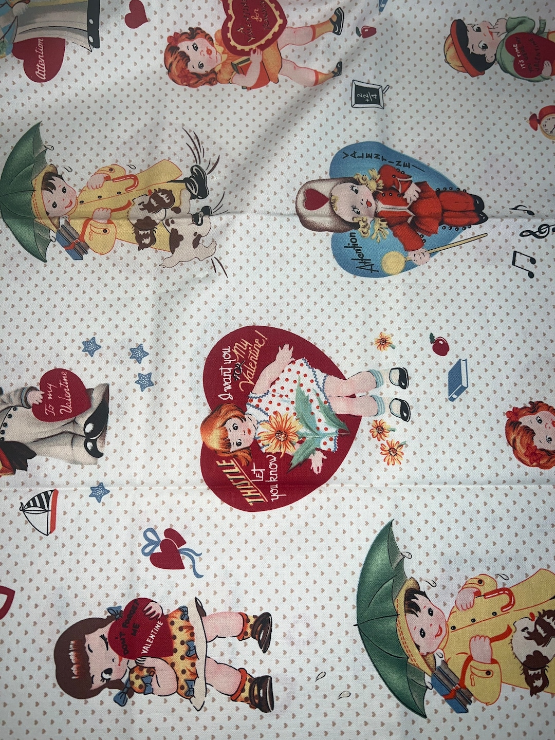 1/2 Yd Rare Vintage Valentines Print Retro Kids by Faye Burgos for ...