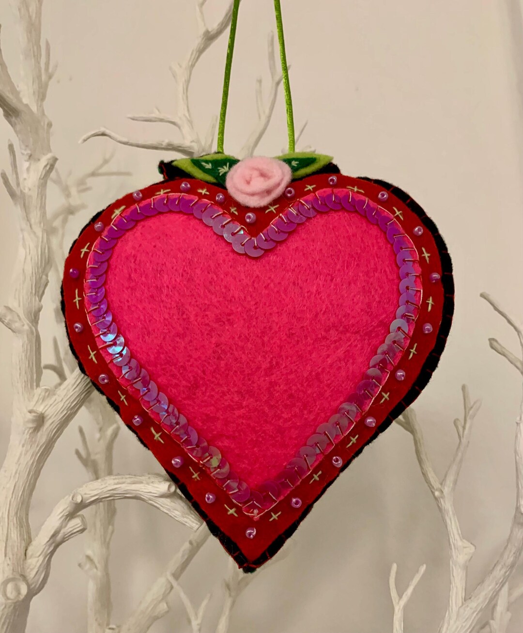 Handmade Sacred Heart Felt Decoration, Bead and Sequin Embellishments ...