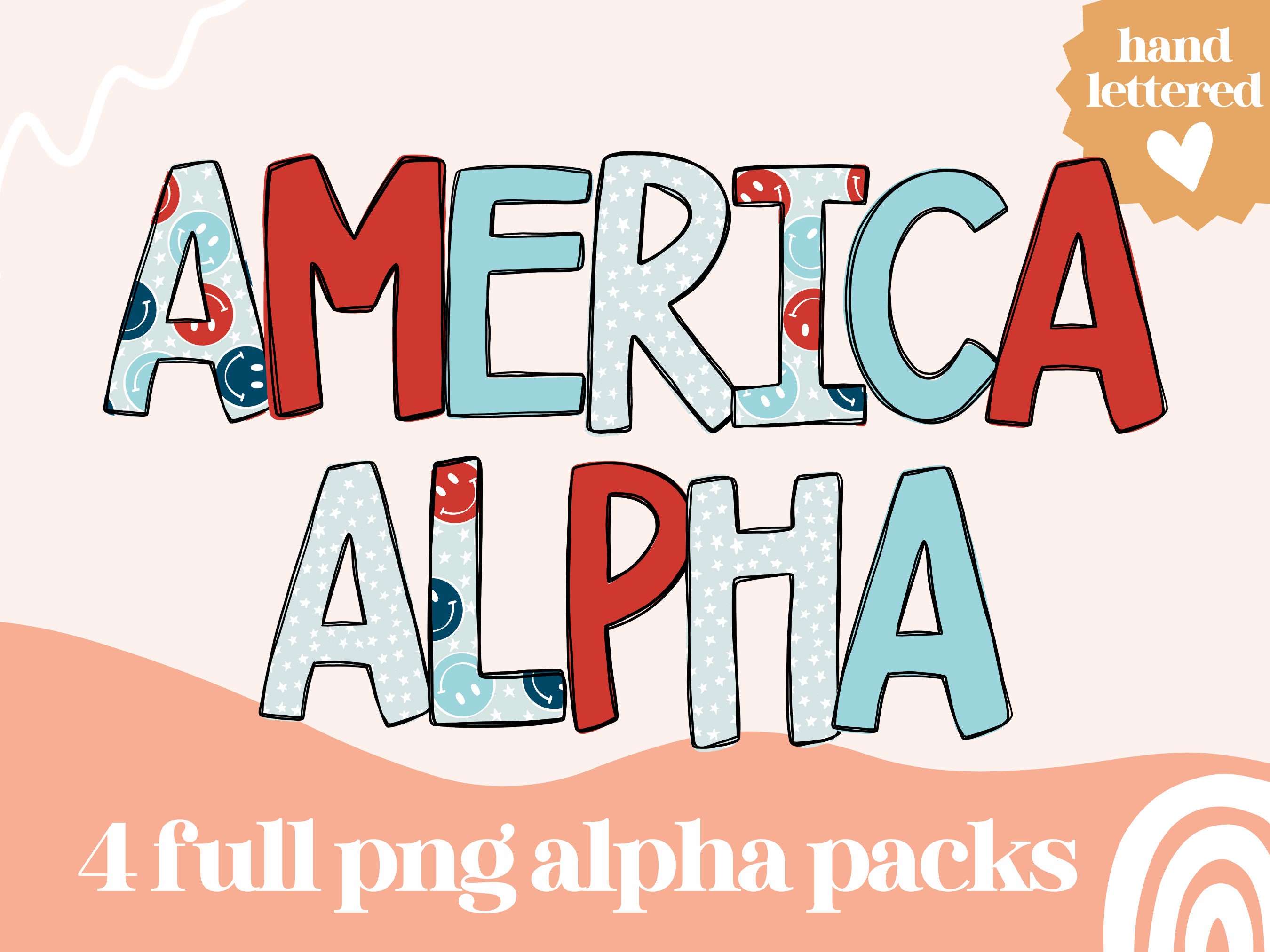 Patriotic Alpha Handlettered Doodle Letters PNG America Alpha Pack ...