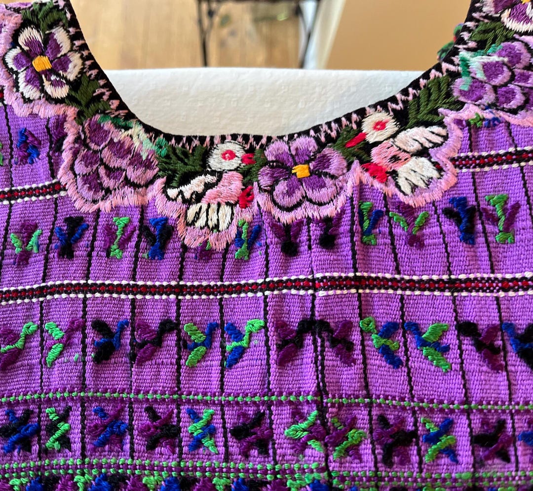 Guatemalan Embroidered Huipil 28"w X 26"l -orchid Purple With Bird and ...