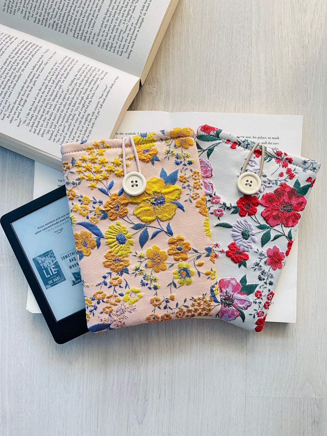 Yellow and Red Flowers Embossed Kindle Sleeve – Handmade Padded Fabric ...