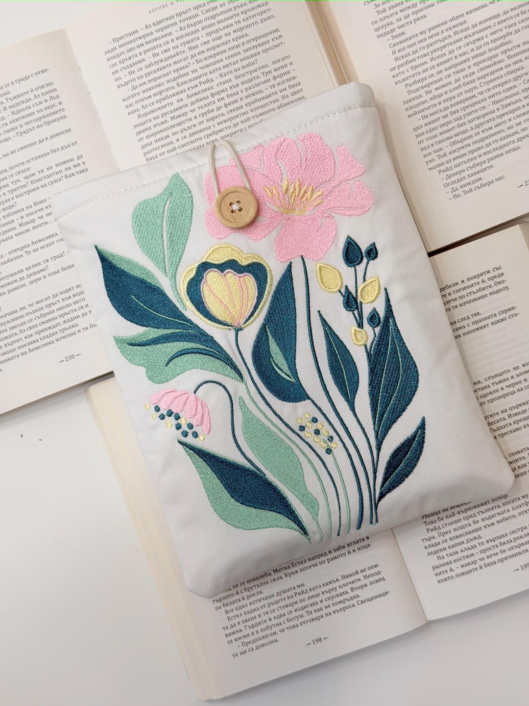 Floral Embroidery Book Sleeve – Elegant Flowers Handmade Padded Fabric ...