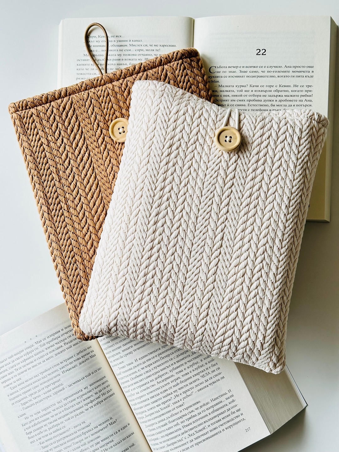 Beige & Brown Knitting Pattern Book Sleeve, Padded Book Protector, Book ...