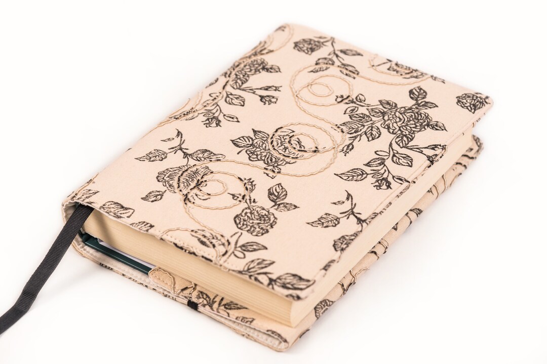 Linen Roses Fabric Book Cover, Adjustable Padded Book Protector, Custom ...