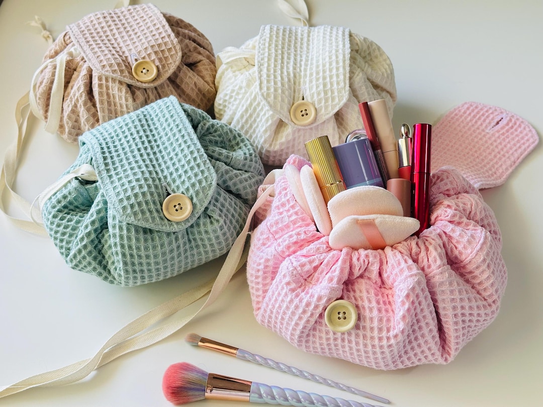 Pink, Beige, Cream & Mint Green Round Drawstring Make up Bag, Large ...