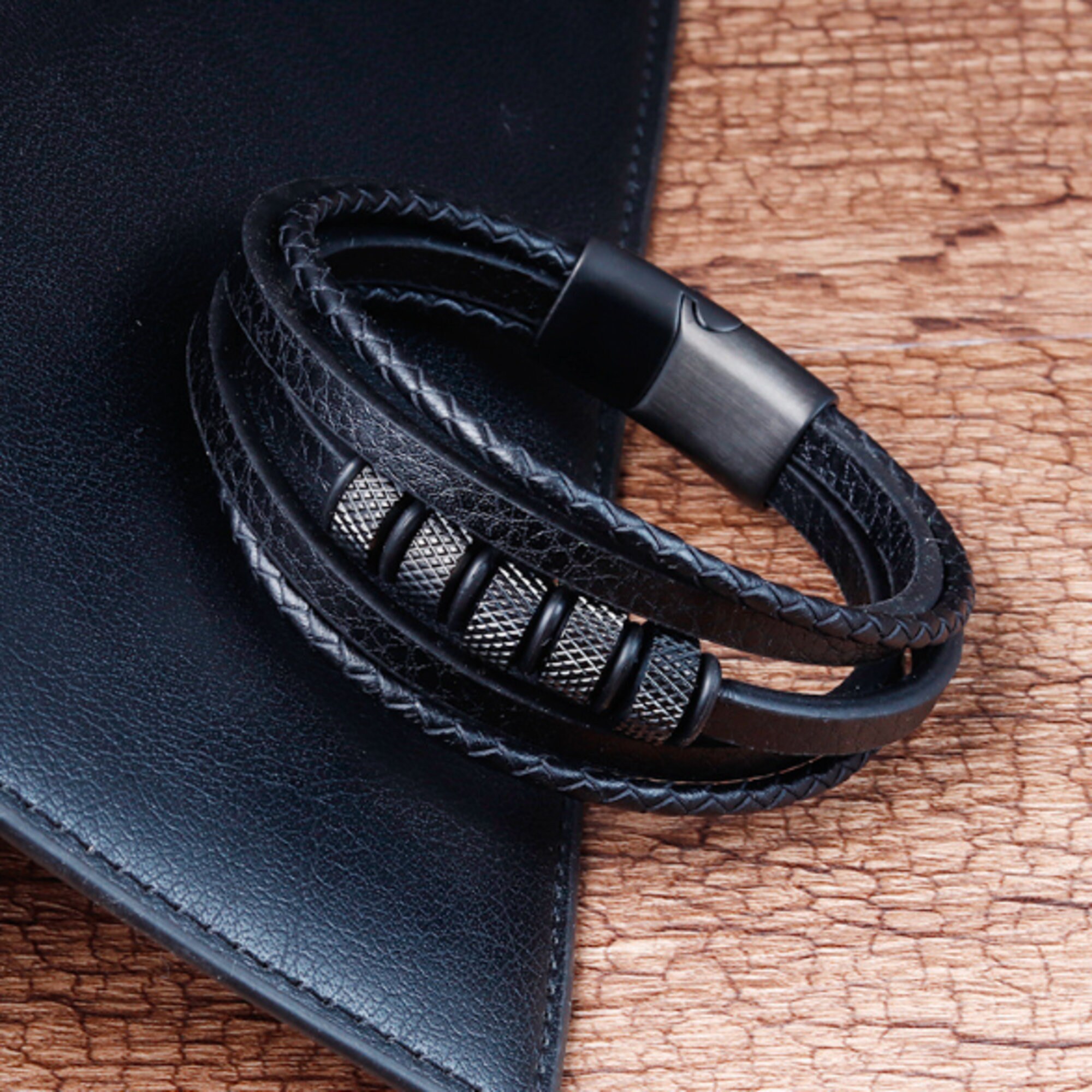 Multilayers Leather Mens Bracelet Stainless Steel Mens - Etsy