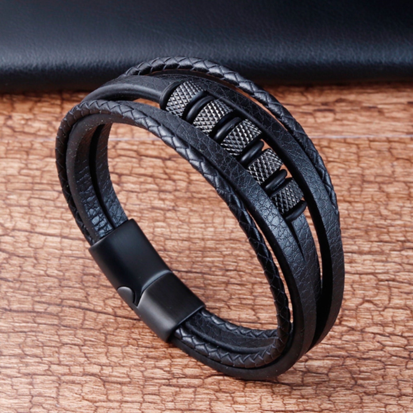 Multilayers Leather Mens Bracelet Stainless Steel Mens - Etsy