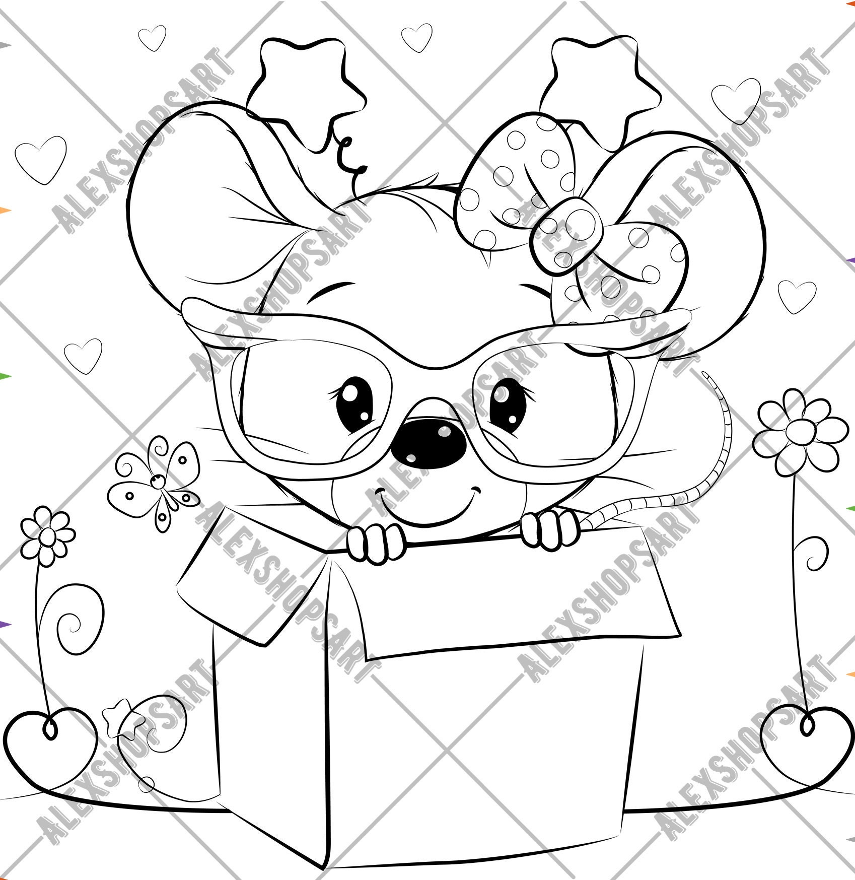 Cute mouse in a box DIGITAL STAMP for scrap booking coloring | Etsy