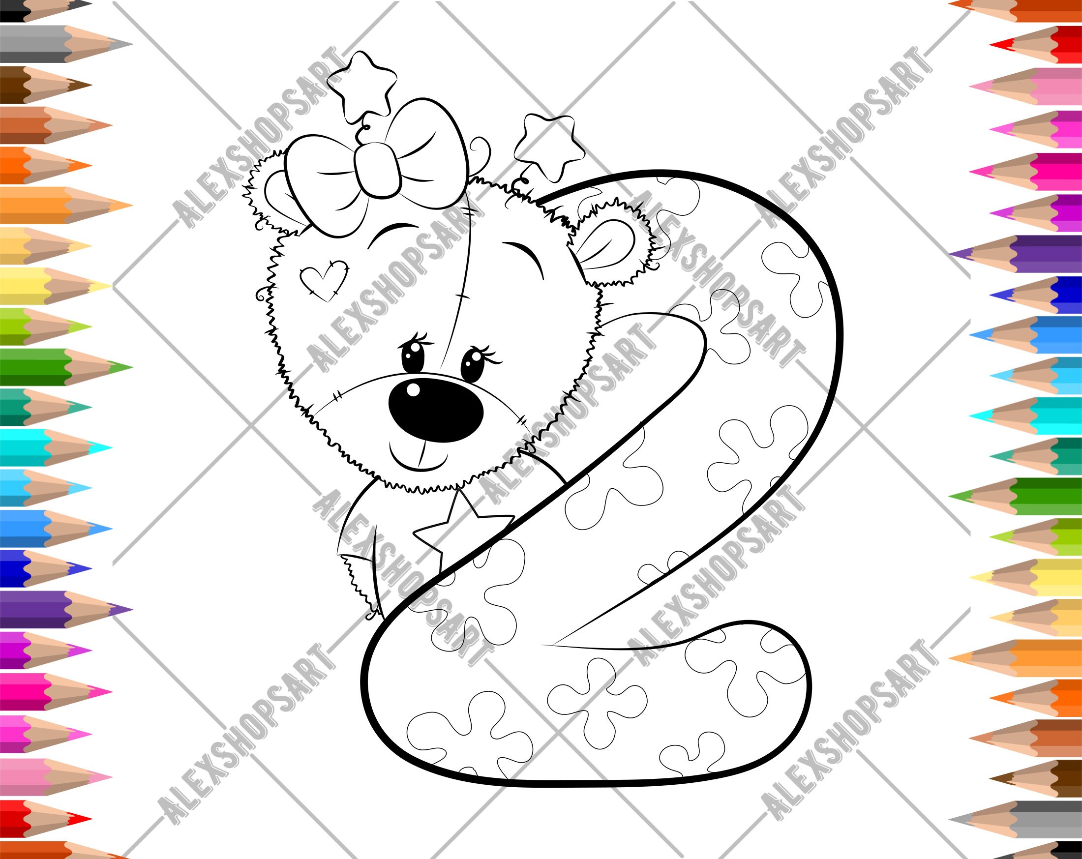 Cute teddy bear girl and the number 2 DIGITAL STAMP for | Etsy