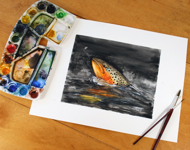 Brown Trout Rising Original Watercolor, Fly Fishing, Fine Art, Trout ...