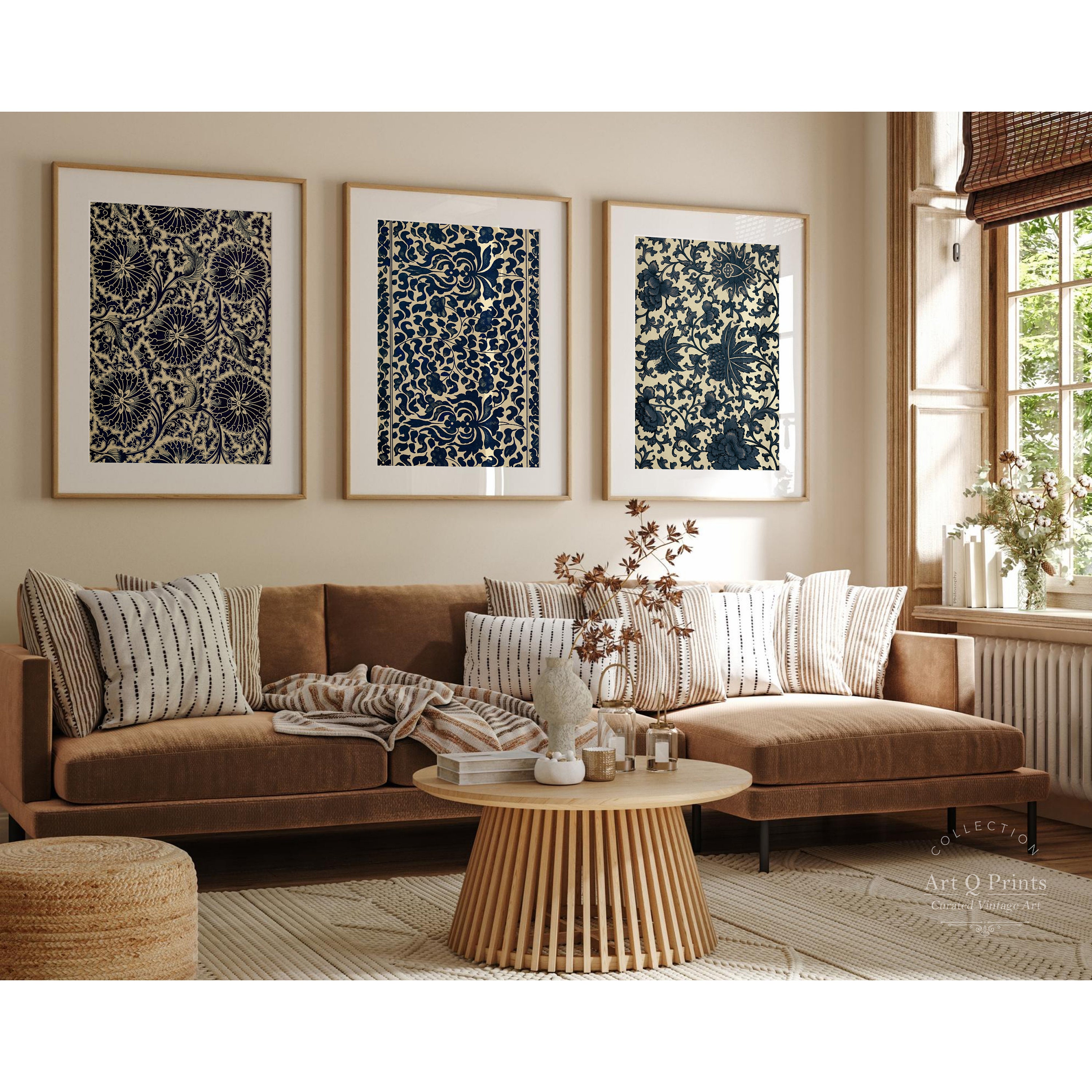 Set of 3 Patterns Prints, Navy Blue Tones, Living Room Decor, Dinning ...