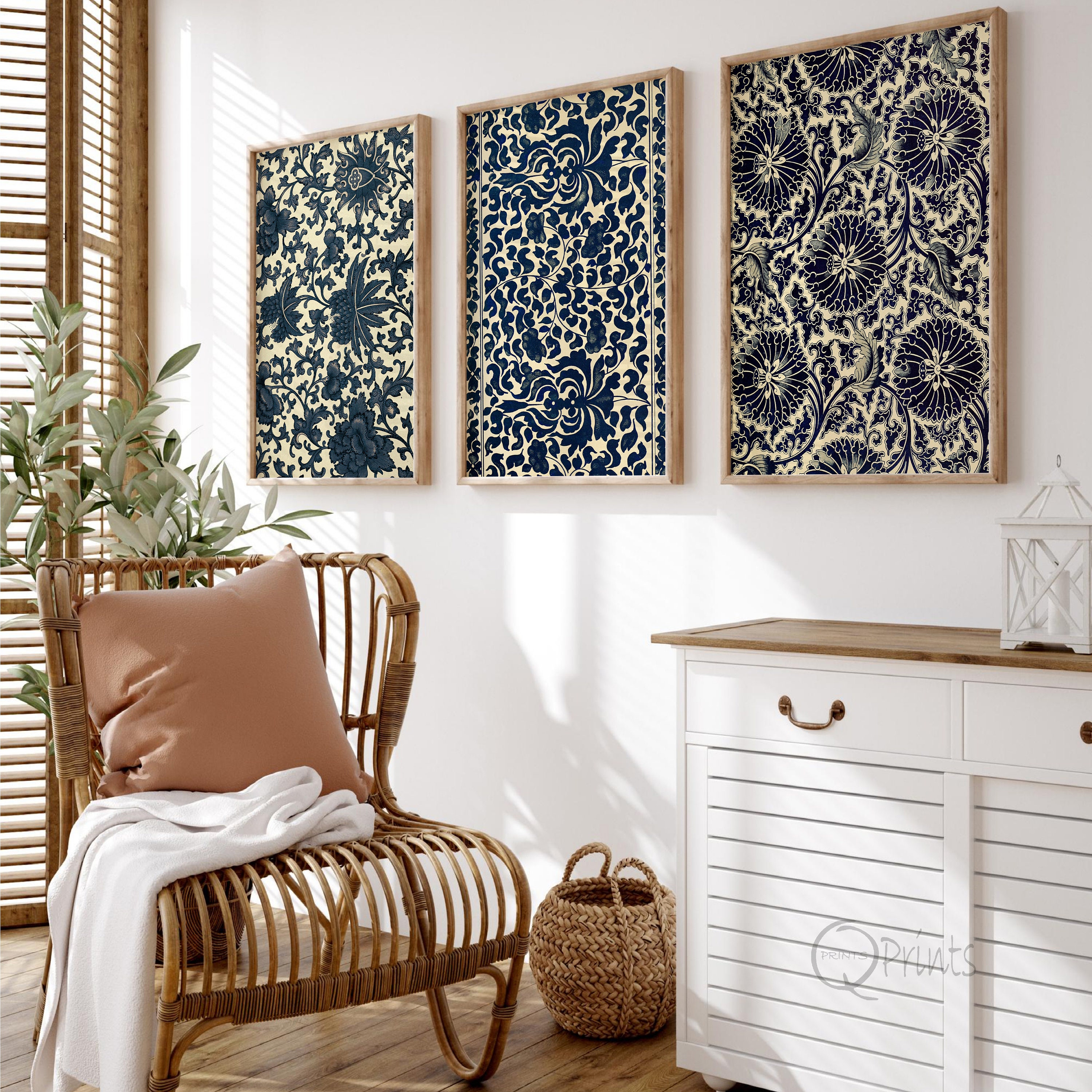 Set of 3 Patterns Prints, Navy Blue Tones, Living Room Decor, Dinning ...