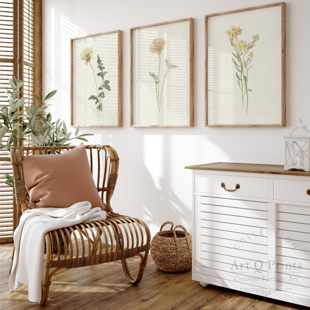 Set of 3 Botanical Prints, Mellow Tones Watercolor Arts, Light ...